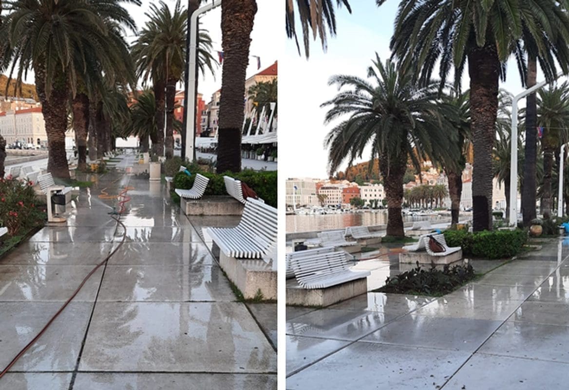 Pogledajte kako se zalijeva trava na splitskoj Rivi. Voda prska posvuda ...